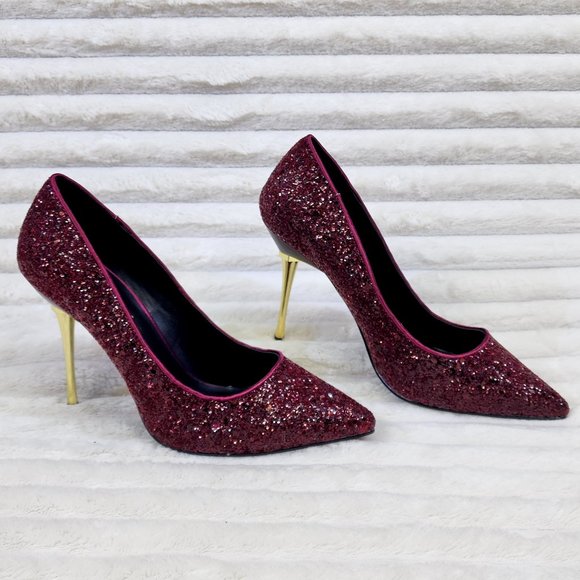 Pleaser | Shoes | Amuse Burgundy Red Glitter Pumps Slim Gold Tone Metal ...